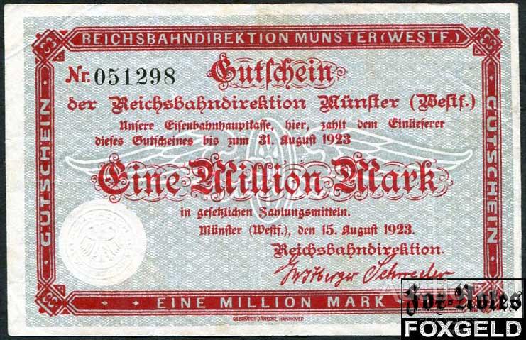 Германия Имперские ЖД Reichsbahndirektion Munster/Westf 1 Mio. Mark ...