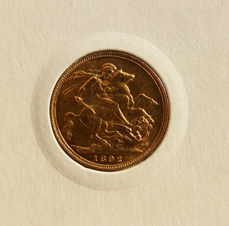 Золото Великобритания Англия 1892 соверен оригинал AUNC