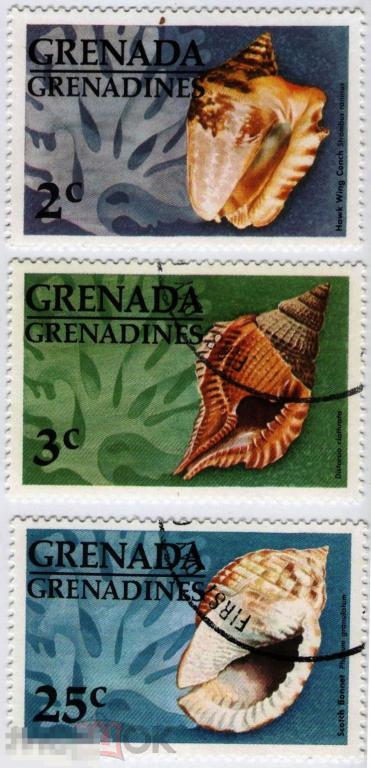 Гренада и Гренадины 1976 Тропические раковины Моллюски Защита природы Фауна 3 марки (1 чист) из ...