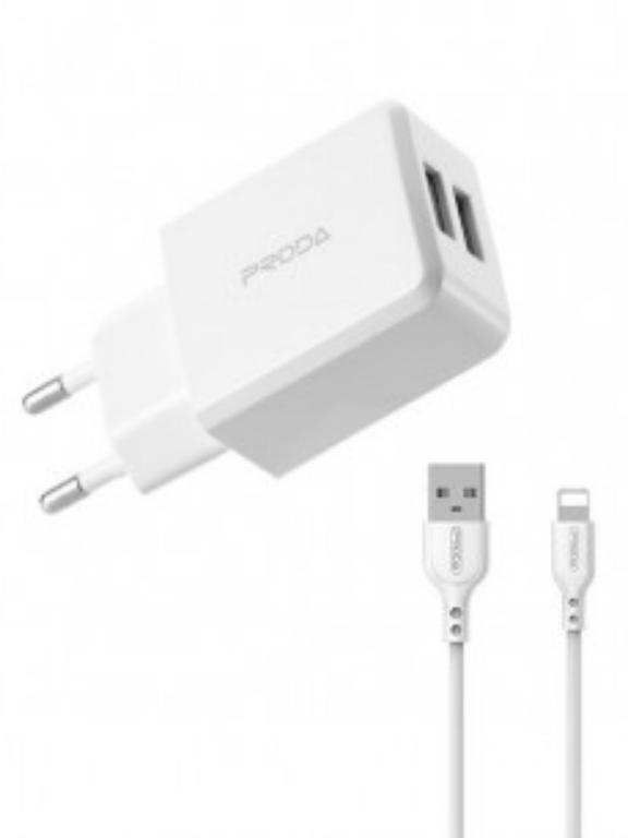 Зарядное устройство PRODA PD-A22 Linshy pro 2*USB, 2.1A, белый, с кабелем Lightning PRODA. Цвет ...