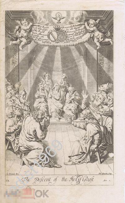 ГРАВЮРА 1688-90 г. `ИСТОРИЯ ВЕТХОГО И НОВОГО ЗАВЕТА`. СОШЕСТВИЕ СВЯТОГО ДУХА. БИБЛИЯ. ПИТЕР БУШЕ ...