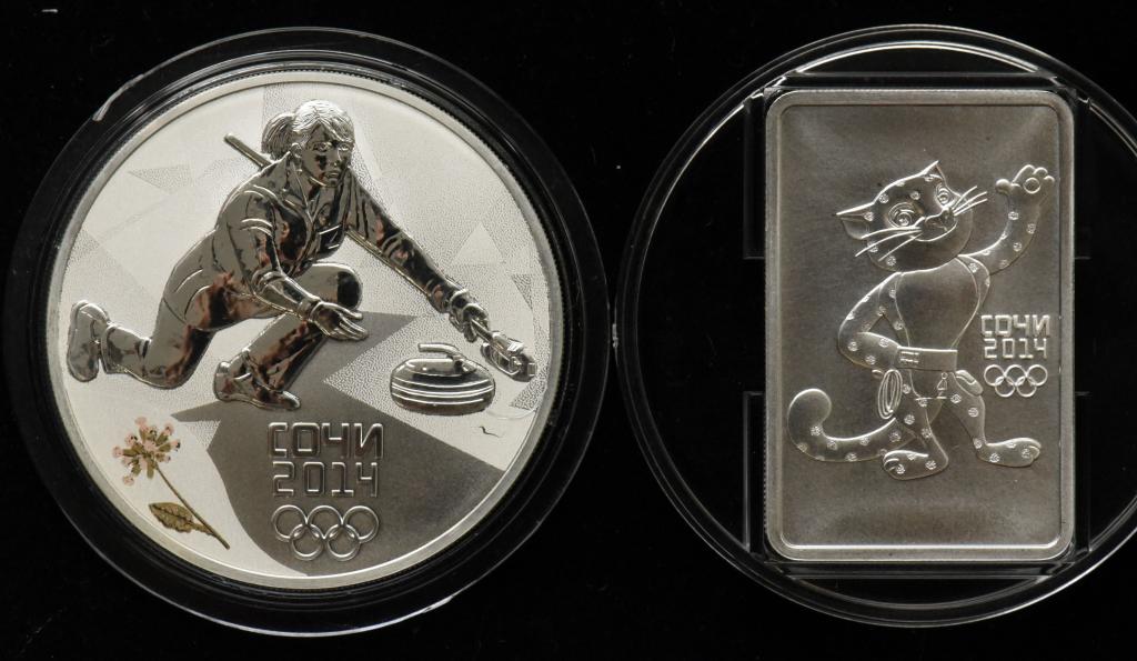 2 монеты: 3 рубля 2011,2014 г. Сочи 2014. Леопард, Керлинг. Серебро 925 ...