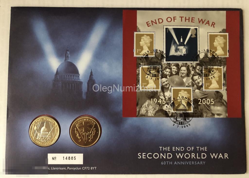 Великобритания 2 фунта 2005 60 лет Победы + Жетон в буклете КПД, биметалл — покупайте на Auction ...