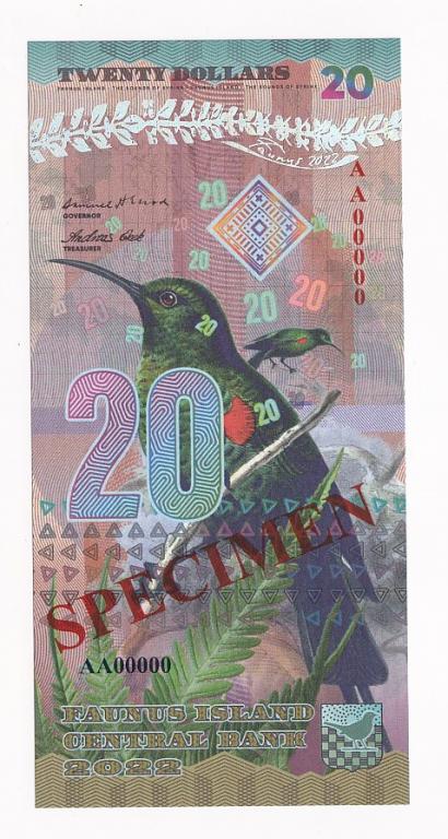 Остров Фаунус Бона ОБРАЗЕЦ 20 долларов 2022 SPECIMEN Птица Рыба ...