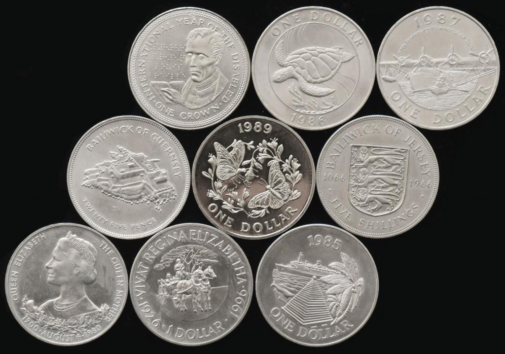9 монет: 5 шиллингов 1966,1 крона 1981 г, 1 доллар 1987, 25 пенсов 1980 ...