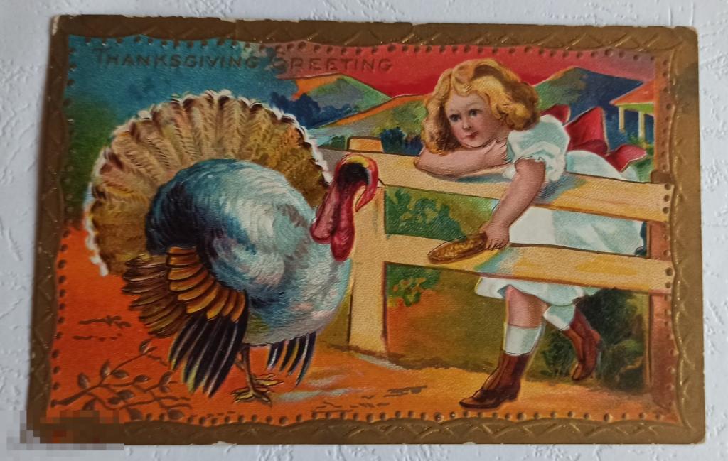 Старинная открытка День Благодарение Дети Птица Индюк Тиснение ...