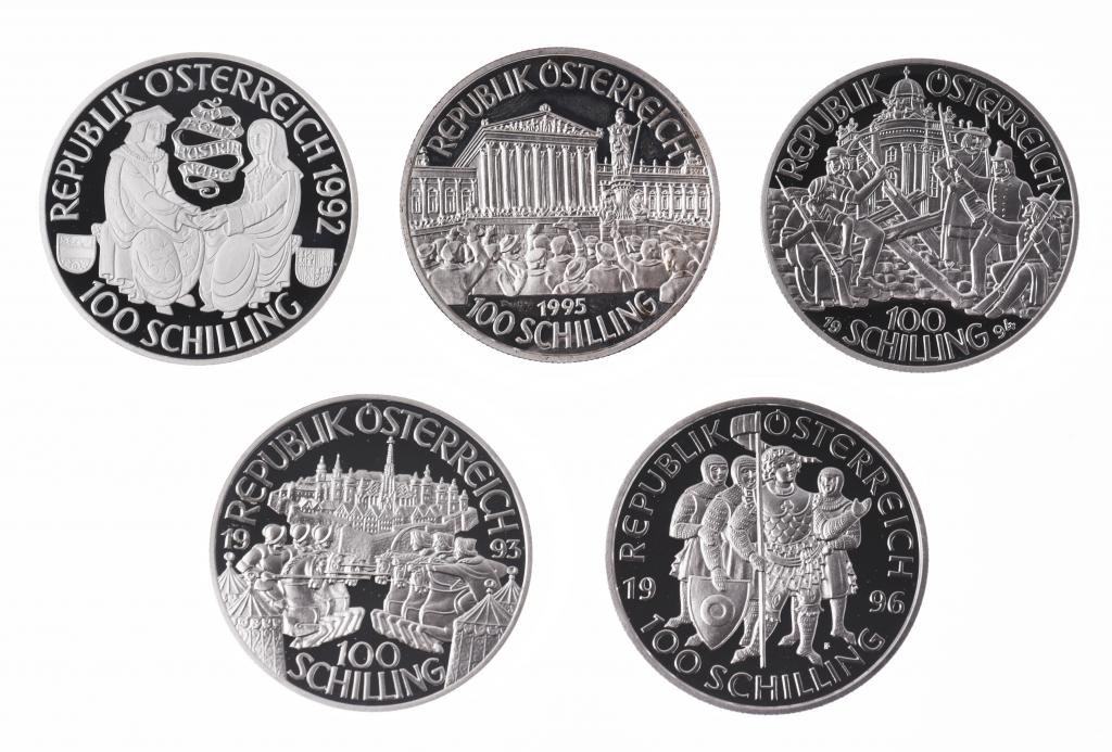 5 монет: 100 шиллингов 1992-1996 год. Австрия. Серебро 900 пр, вес: 20 ...