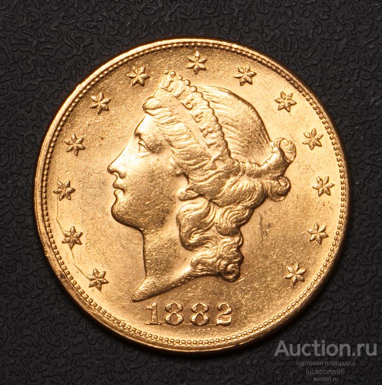 20 Долларов 1882 год. Голова Свободы. США. Золото 900 пробы - 33.35 гр. Бельгийская копия. #40 ...