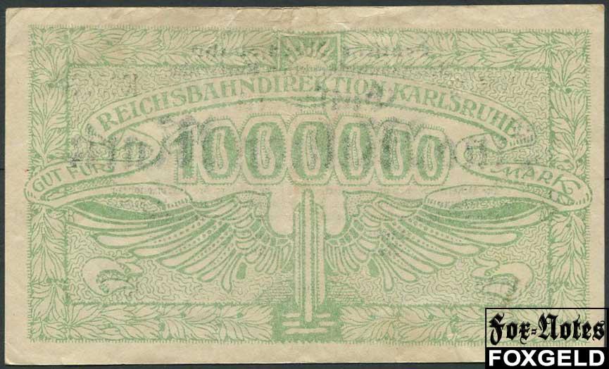 Германия Имперские ЖД 1 Mio. Mark 1923 Reichsbahndirektion Karlsruhe ...