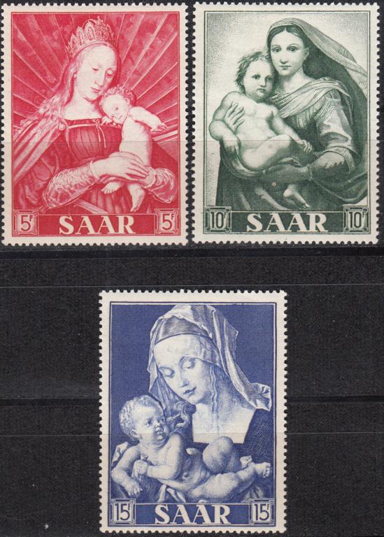 1954 Саар Германия Живопись Мадонны Художники Гольбейн младший Рафаэль Дюрер № 351-353 п/с** 10 ...